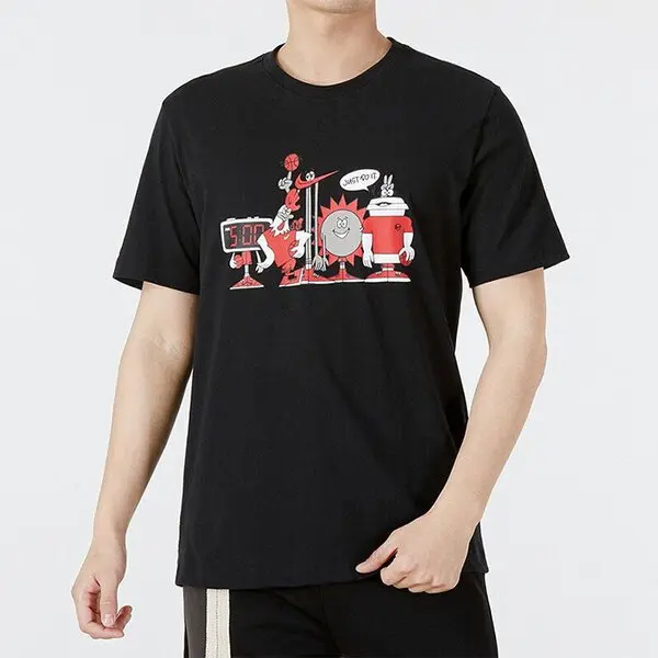 Nike Cartoon Printing Cozy Round Neck Casual Short Sleeve Black T-shirt - Default Color