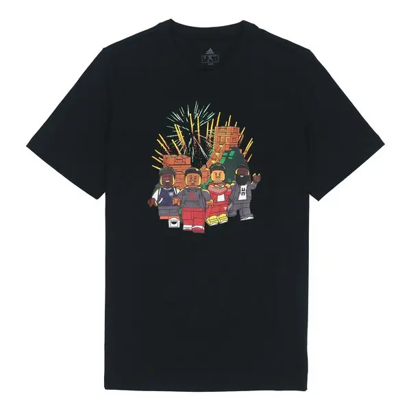 Adidas X Lego Crossover Cartoon Character Great Wall Pattern Printing Round Neck Casual Short Sleeve Black T-shirt - Multi-color