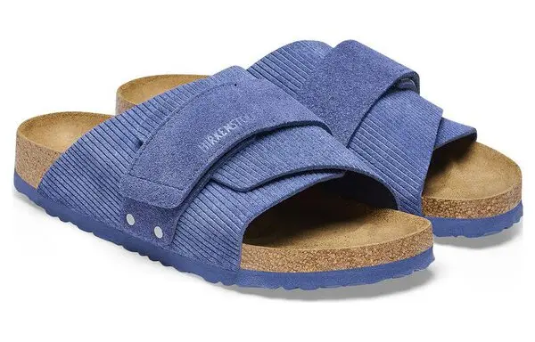 BIRKENSTOCK Kyoto Suede Embossed Slides - Blue/caramel
