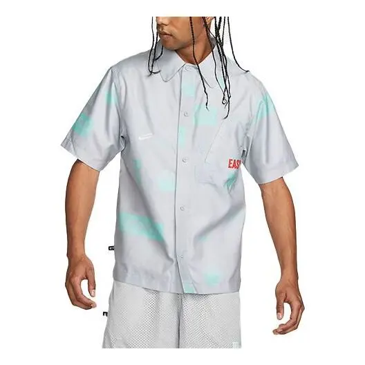 Nike Alphabet Printing Single Breasted Lapel Short Sleeve Shirt Gray