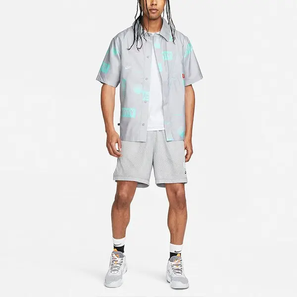 Nike Alphabet Printing Single Breasted Lapel Short Sleeve Shirt Gray