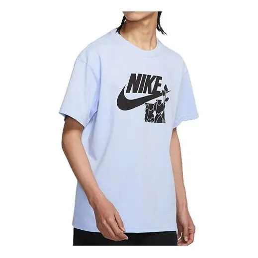 Nike Flowers Alphabet Logo Printing Casual Sports Short Sleeve Light Blue T-shirt - Multi-color