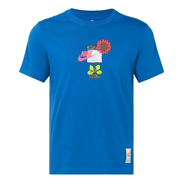 Nike Logo Plant Flowers Pattern Printing Round Neck Casual Short Sleeve Sky Blue T-shirt - Multi-color