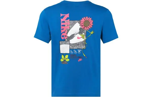 Nike Logo Plant Flowers Pattern Printing Round Neck Casual Short Sleeve Sky Blue T-shirt - Multi-color