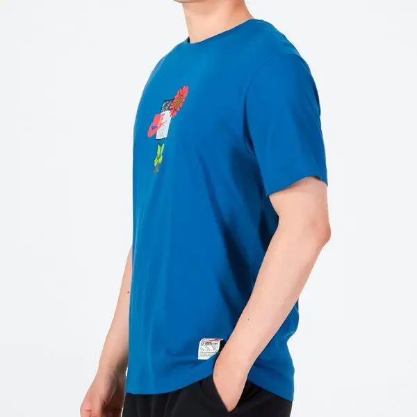 Nike Logo Plant Flowers Pattern Printing Round Neck Casual Short Sleeve Sky Blue T-shirt - Multi-color