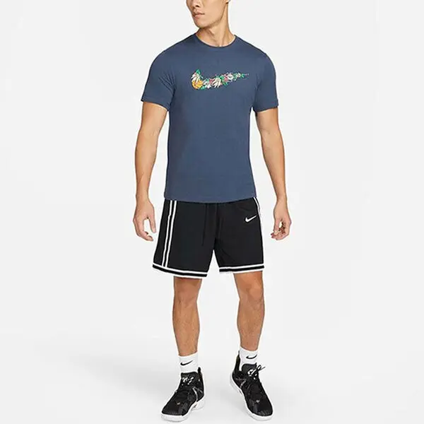 Nike Flowers Large Logo Casual Sports Solid Color Round Neck Short Sleeve Flash Blue T-shirt - Multi-color
