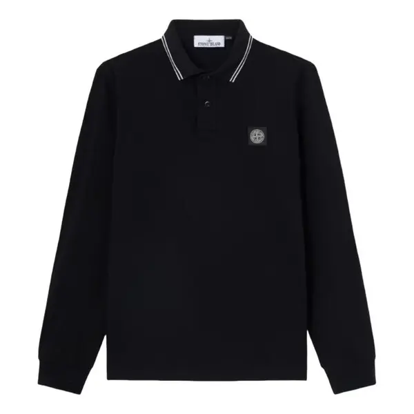 Stone Island 2200012 Slim-fit Long-sleeve Compass Patch Polo Shirt - Black