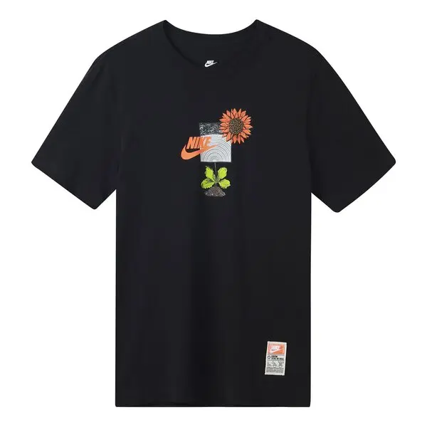 Nike Logo Plant Pattern Printing Round Neck Casual Short Sleeve Black T-shirt - Multi-color