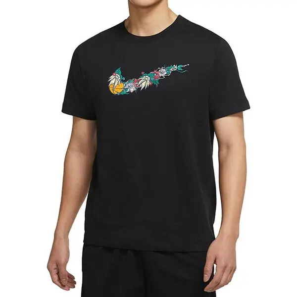 Nike Flowers Large Logo Casual Sports Solid Color Round Neck Short Sleeve Black T-shirt - Multi-color