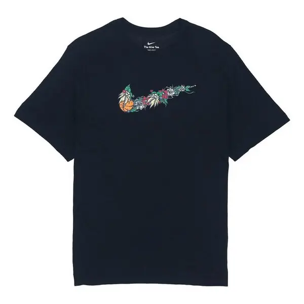 Nike Flowers Large Logo Casual Sports Solid Color Round Neck Short Sleeve Black T-shirt - Multi-color