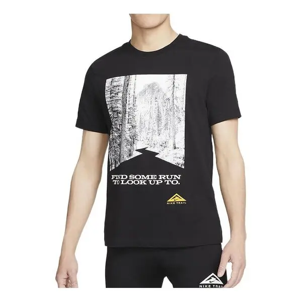 Nike Landscape Alphabet Printing Round Neck Pullover Straight Short Sleeve Black T-shirt - Multi-color