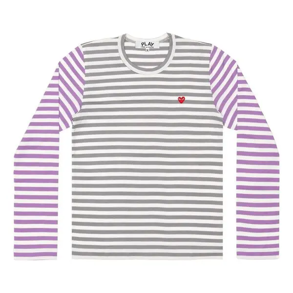 Play Comme Des Garcon L/s Bi-colour Striped Small Emblem T-shirt 'grey Purple - Grey/purple