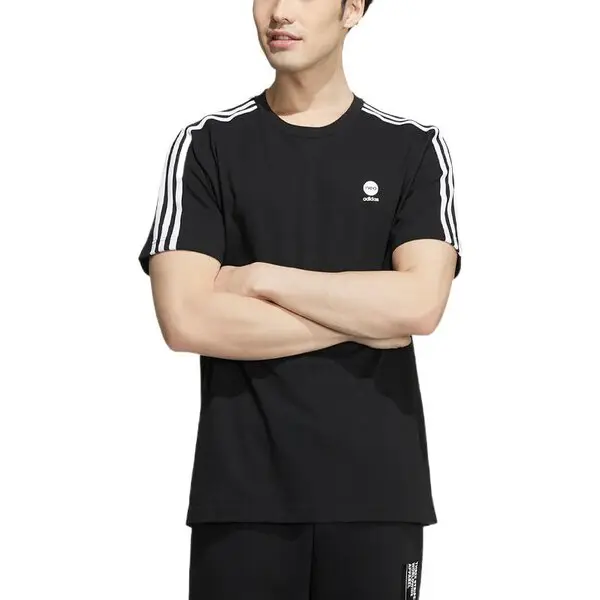 Adidas Neo Solid Color Logo Stripe Sports Short Sleeve Black