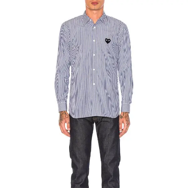 Play Comme Des Garcon Black Emblem Striped Button Down - Blue