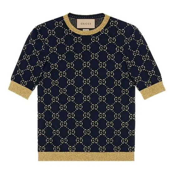 Gucci Gg Cotton Silk Short Sleeve Top - Navy