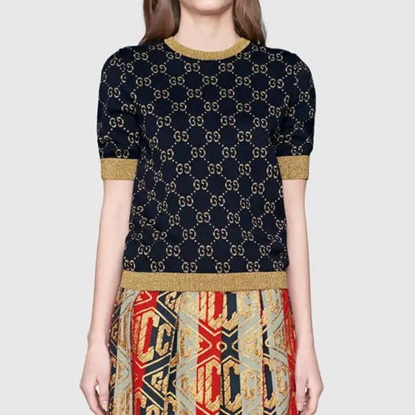 Gucci Gg Cotton Silk Short Sleeve Top - Navy