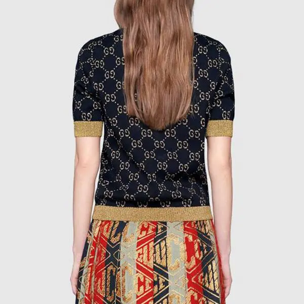 Gucci Gg Cotton Silk Short Sleeve Top - Navy