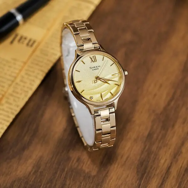 Casio Gold Tone Stainless Steel Watch With Gradient Dial And Sapphire Crystal