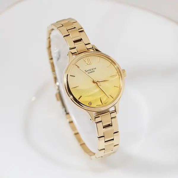 Casio Gold Tone Stainless Steel Watch With Gradient Dial And Sapphire Crystal