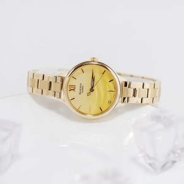 Casio Gold Tone Stainless Steel Watch With Gradient Dial And Sapphire Crystal