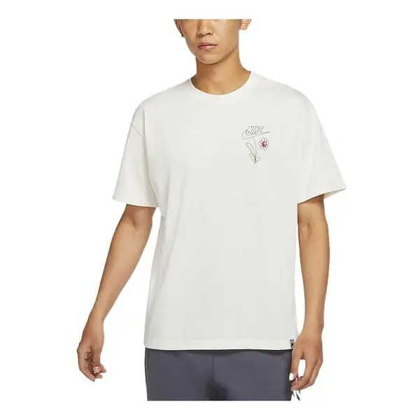 Nike Solid Color Flowers Logo Printing Knit Casual Round Neck Short Sleeve White - Multi-color