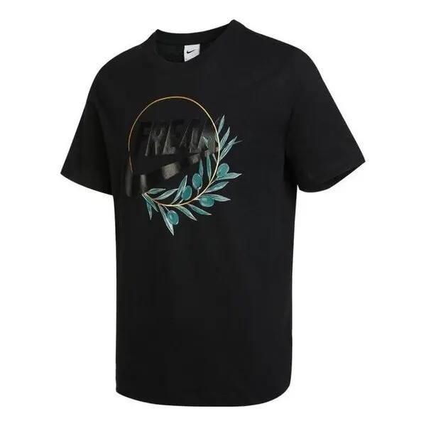 Nike Plant Pattern Printing Round Neck Pullover Short Sleeve Black T-shirt - Default Color