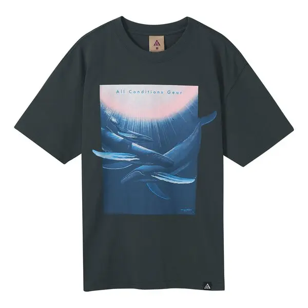 Nike X Wyland Funny Printing Sports Loose Round Neck Short Sleeve Black Gray - Blackgray