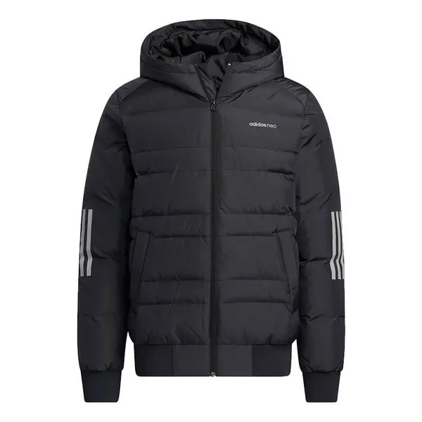 Adidas Neo Puffer Jacket With Hood And Sporty Stripes - Black