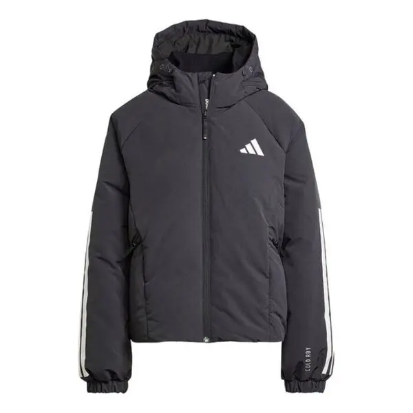 Adidas Puffy Down Jacket With Hood And Striped Sleeves - Black