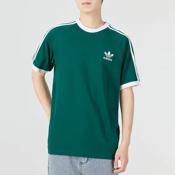 Adidas Originals 3-stripes Tee Casual Round Neck Loose Logo Stripe Short Sleeve Green - Multi-color