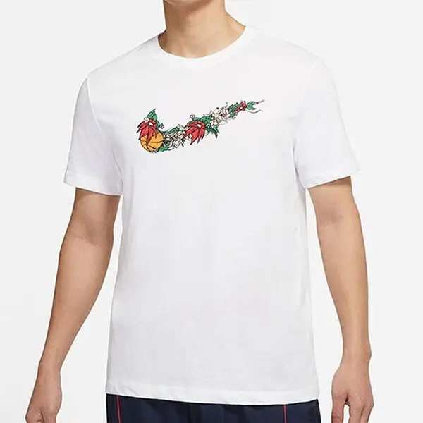 Nike Flowers Large Logo Casual Sports Solid Color Round Neck Short Sleeve White T-shirt