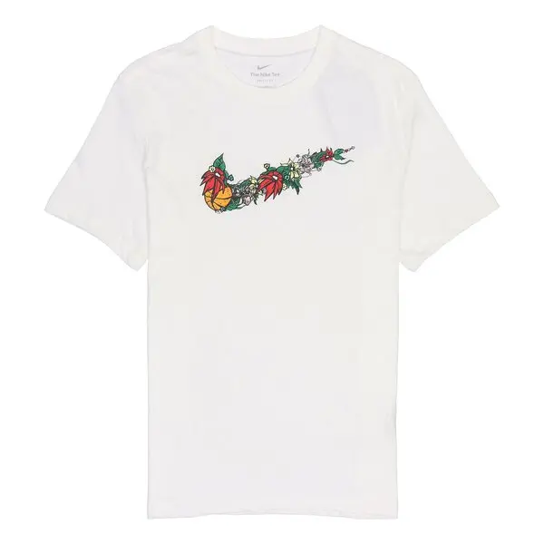 Nike Flowers Large Logo Casual Sports Solid Color Round Neck Short Sleeve White T-shirt - Multi-color