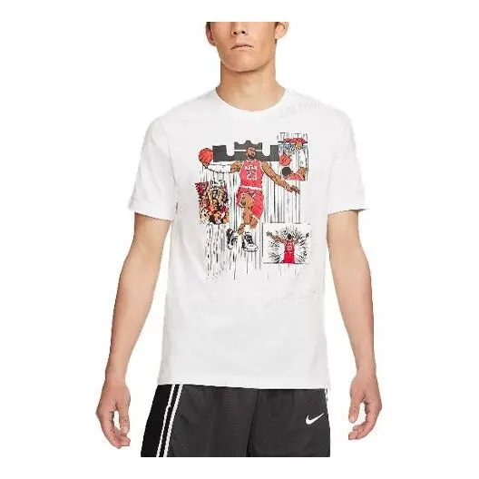 Nike Cartoon Lebron James Shooting Printing Sports Round Neck Short Sleeve T-shirt - White