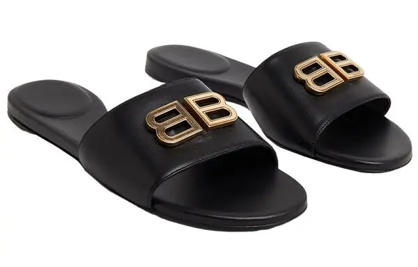 Balenciaga Groupie Sandals With Gold Tone Bb Logo - Black/gold