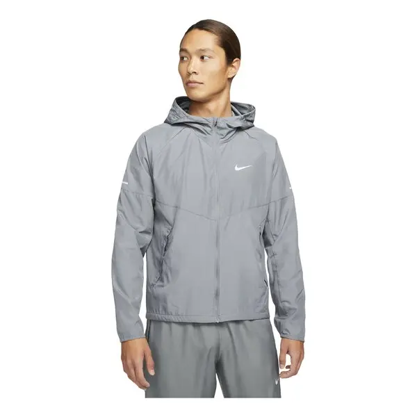 Nike As Nk Rpl Miler Jkt Reflective Logo Printing Woven Sports Hooded Jacket - Grey