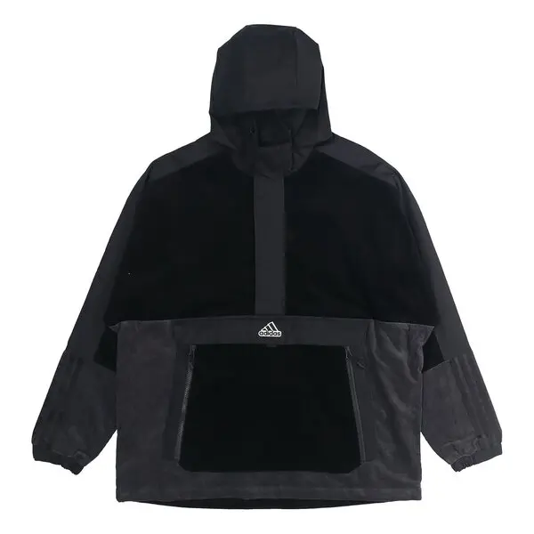 Adidas Corduroy Ank Half Zipper Splicing Sports Hooded Logo Jacket Black - Multi-color