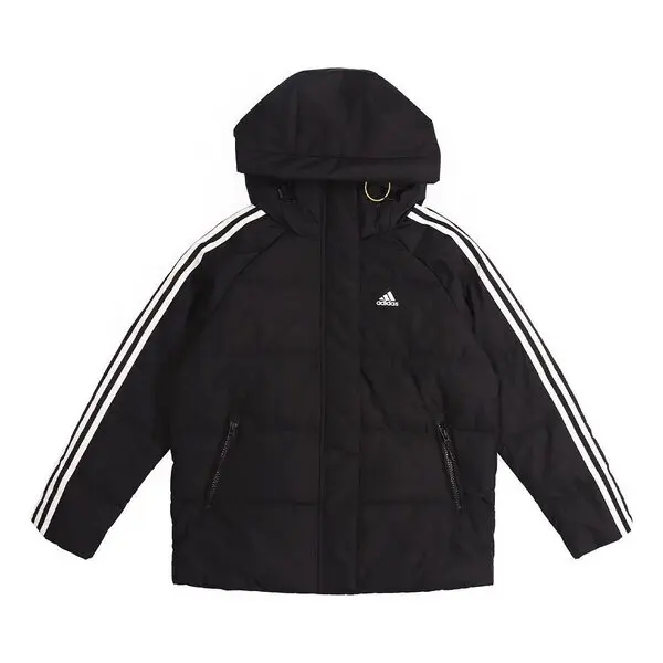 Adidas Padded Hooded Down Jacket With Signature Stripes - Black