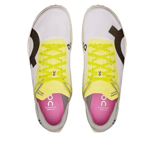 On Cloudspike Amplius 2 Running Spikes - White/yellow/raspberry