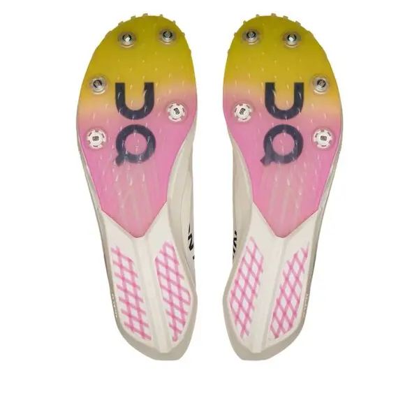 On Cloudspike Amplius 2 Running Spikes - White/yellow/raspberry