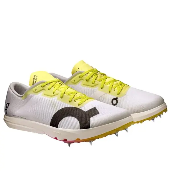On Cloudspike Amplius 2 Running Spikes - White/yellow/raspberry