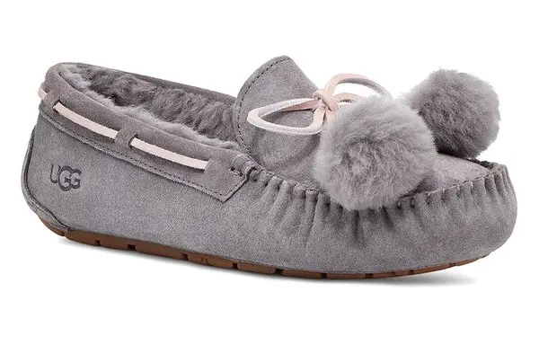 UGG Dakota Bow Pom Moccasin Slippers - Shade Grey