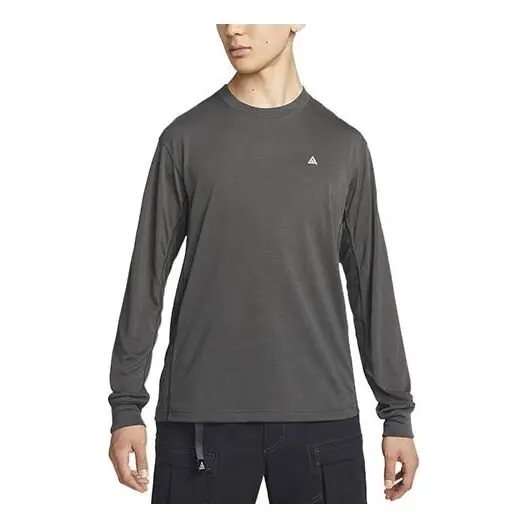 Nike Dri-fit Solid Color Logo Embroidered Casual Round Neck Long Sleeves Black Smoke Gray T-shirt