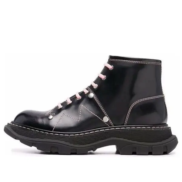 Alexander McQueen Contrast Stitch Tread Lace Up Boots - Black/pink