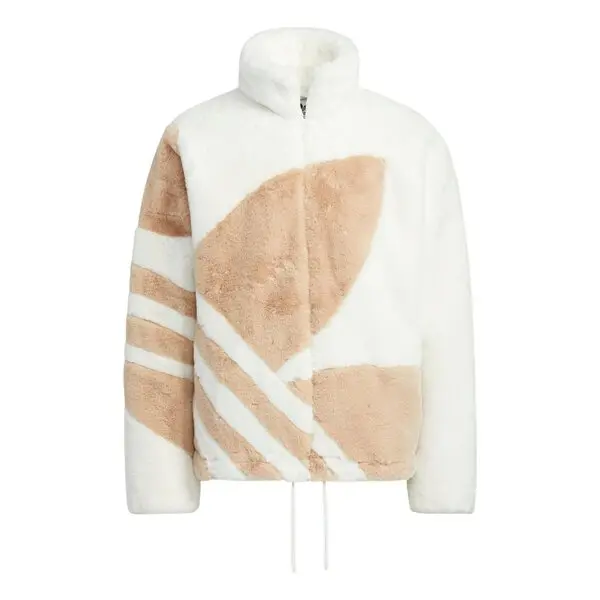 Adidas Faux Fur Track Jacket With Logo Detail - White/tan