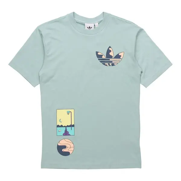 Adidas Originals Surreal Summer Sports Printing Knit Breathable Round Neck Short Sleeve Gray Green - Graygreen