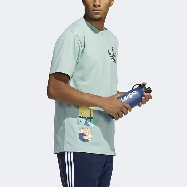 Adidas Originals Surreal Summer Sports Printing Knit Breathable Round Neck Short Sleeve Gray Green - Graygreen