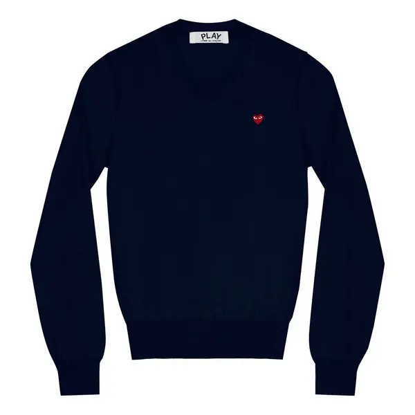Play Comme Des Garcon Long Sleeve V-neck T-shirt With Emblem - Navy
