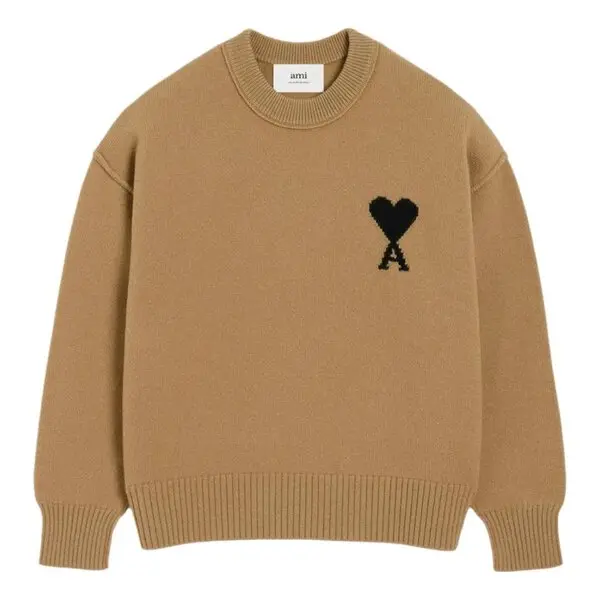 AMI Paris Big Heart Wool Crewneck Sweater - Camel/black