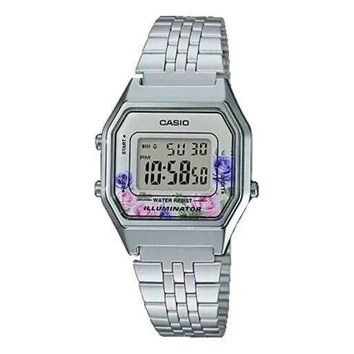 Casio Vintage Digital Watch With Floral Motif - Silver