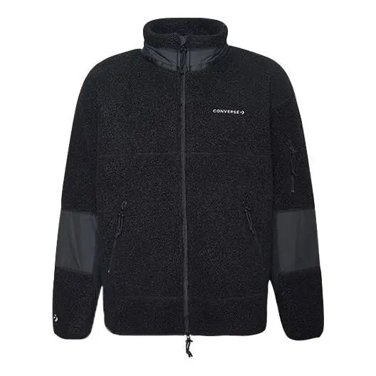 CONVERSE Splicing Fleece Stand Collar Zip-up Jacket - Black